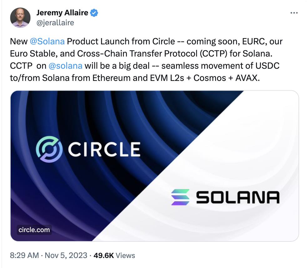 Circle CEO：欧元稳定币 EURC 和跨链传输协议即将引入 Solana - 深潮TechFlow